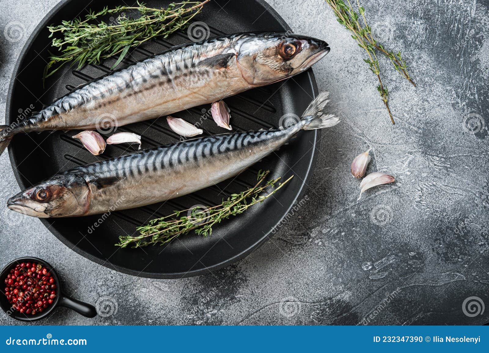 Mackerel Fish with Ingredients on Grey Background, Flat Lay with Space ...