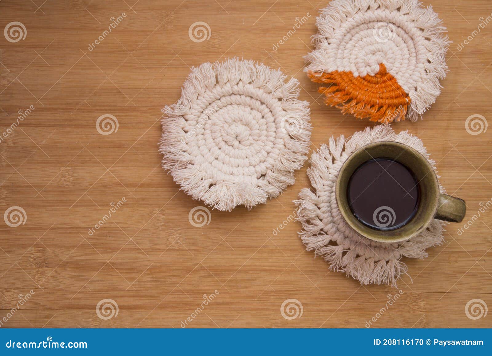 Macrame Handmade Hobby.Top View Black Hot Coffee in a Cup on White ...
