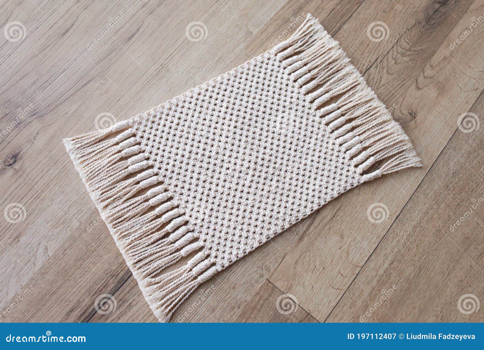 Macrame Rug on Wooden Table or Carpet on Floor.Handmade Beige Macrame ...
