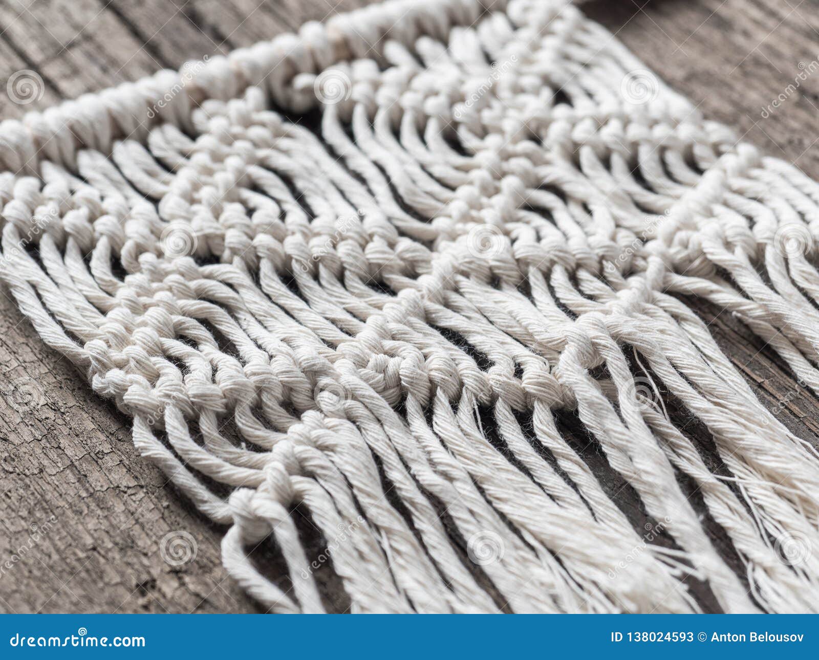 Macrame. Macrame Weaving. White Thread, Wooden Background, Closeup ...