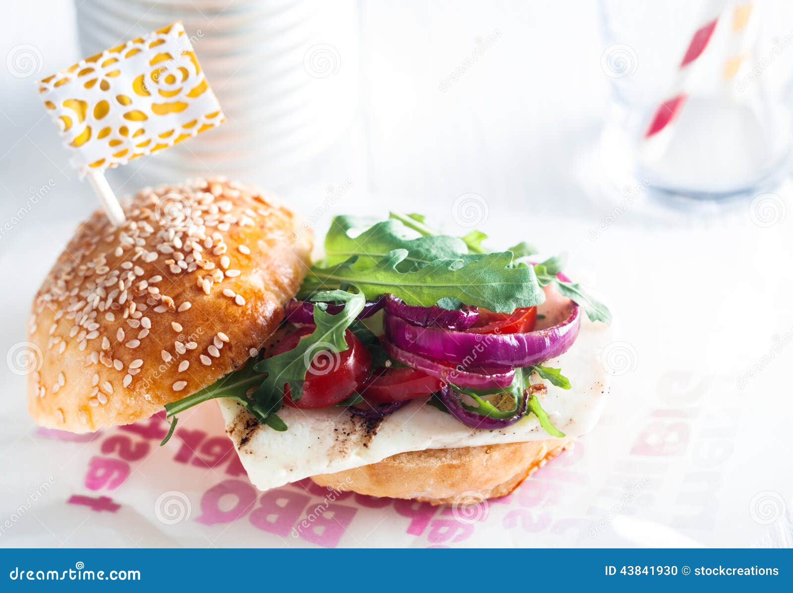 Macro Appetizing Veggy Burger on Table Stock Photo - Image of labeled ...