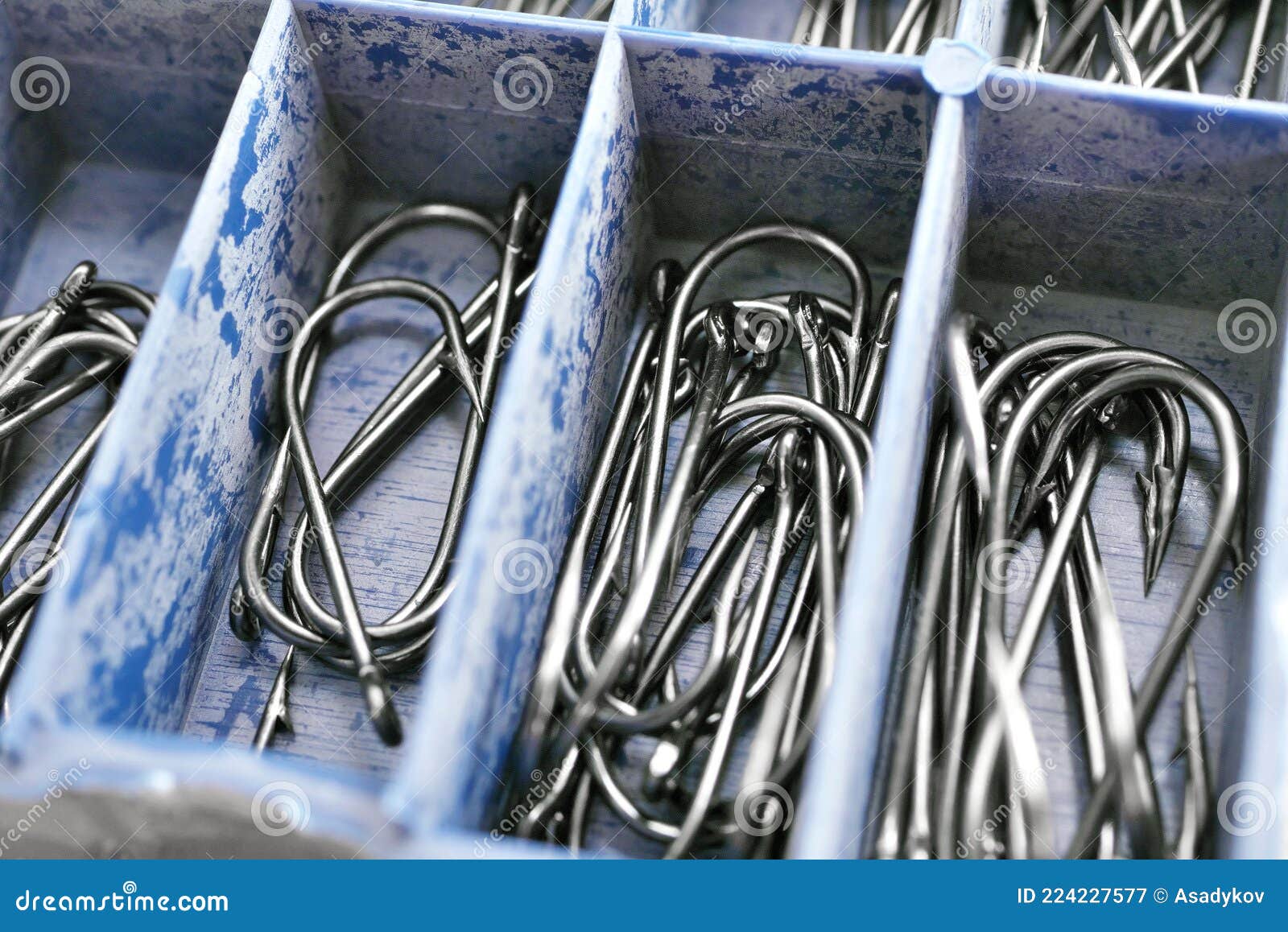 Macro of Assorted Fishhooks. Set of Fishing Hooks in Tackle Box Stock ...