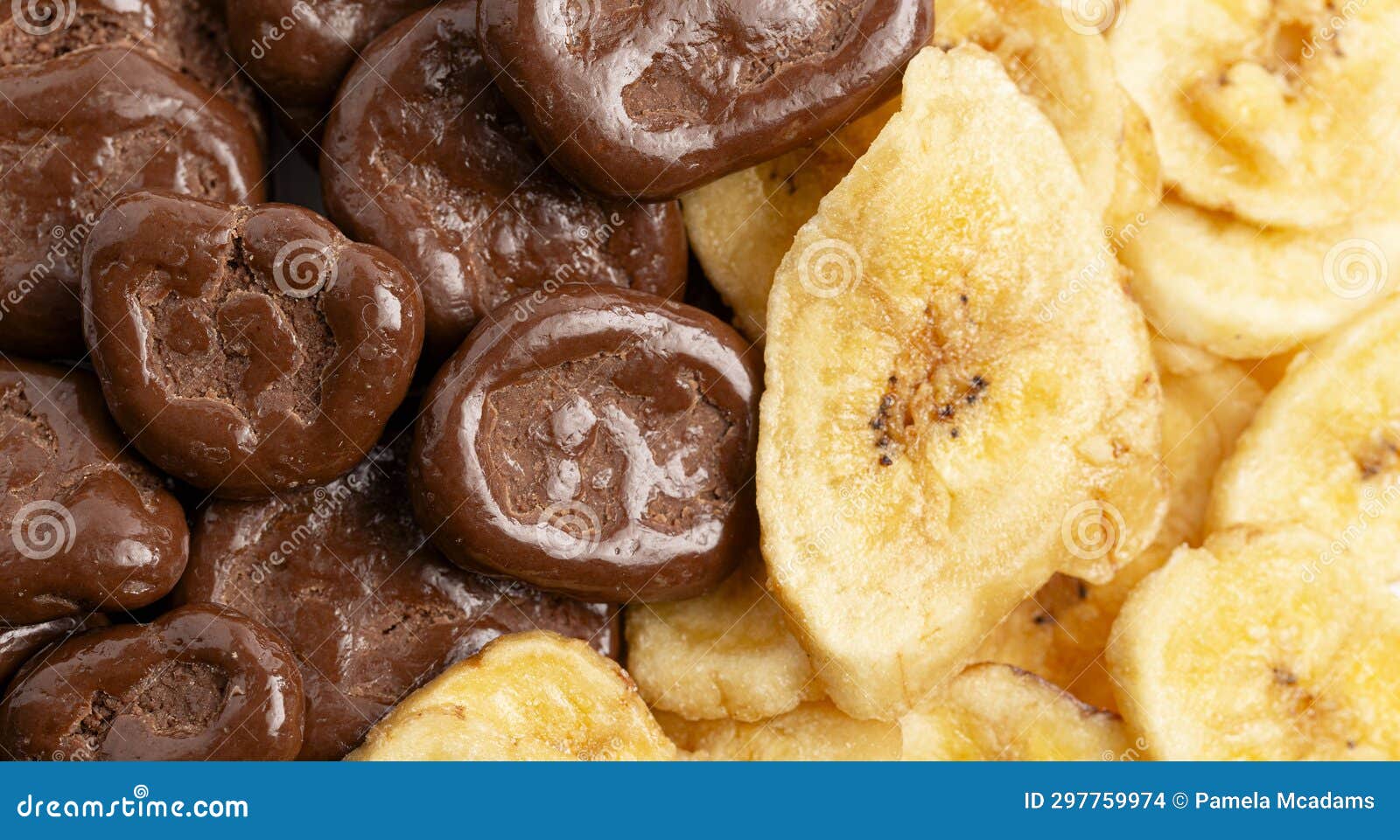 A Macro Background of Chocolate Covered Banana Chips and Original ...