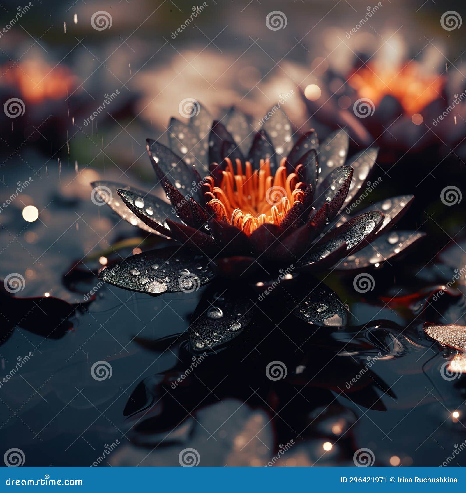 A Macro on Black Lotus Flowers on a Small Water Pound Under the Rain ...
