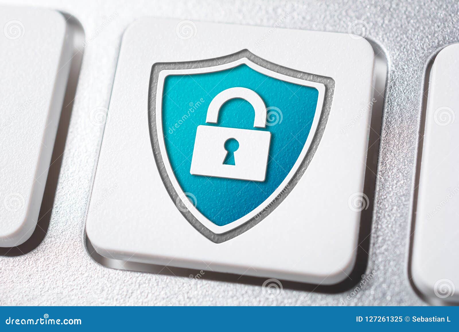 Macro of a Blue Lock and Shield Security Icon on a Keyboard Button ...