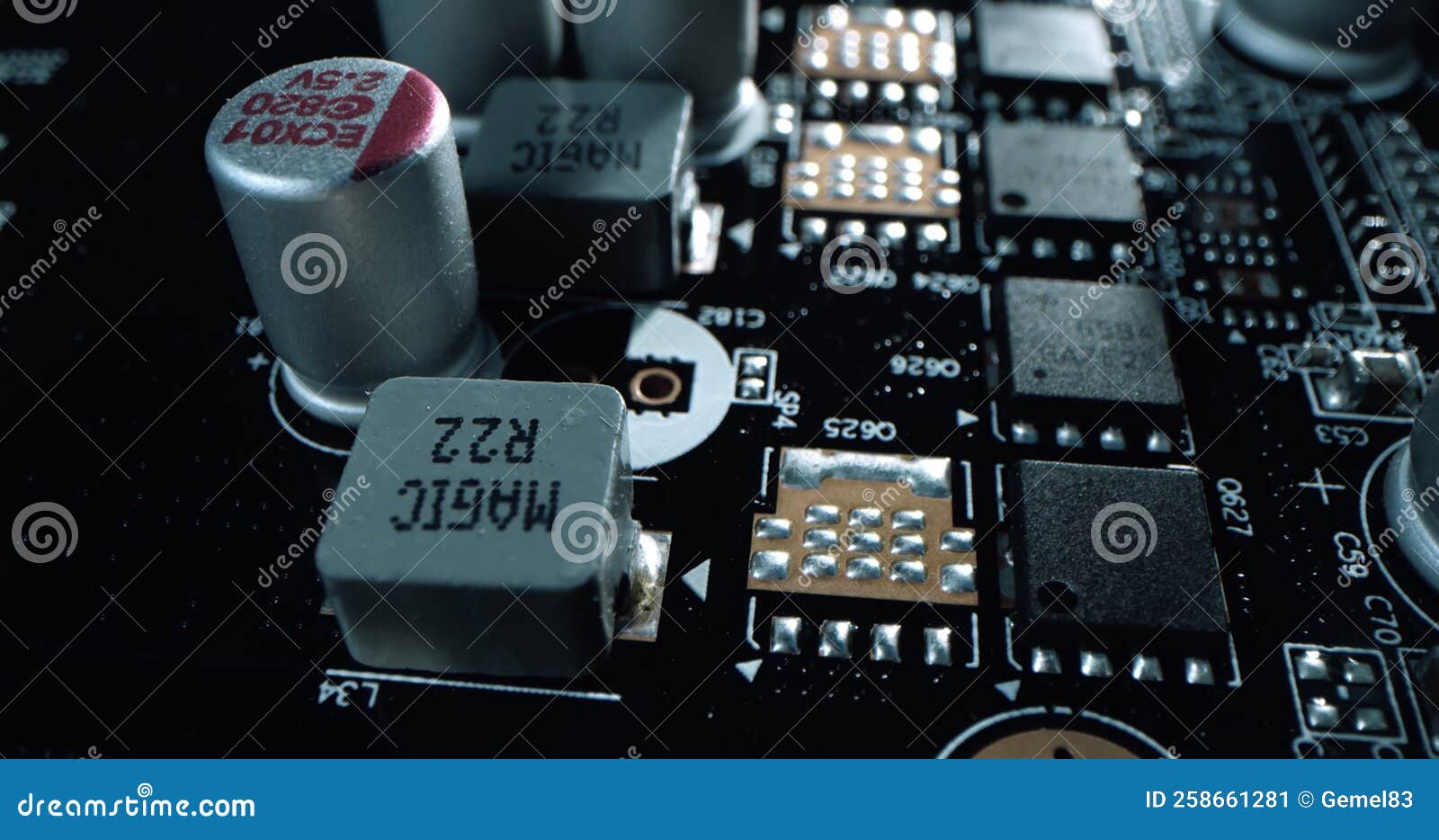 Macro Camera Moving Slowly Over Printed Circuit Board, Showing Computer Motherboard Components ...