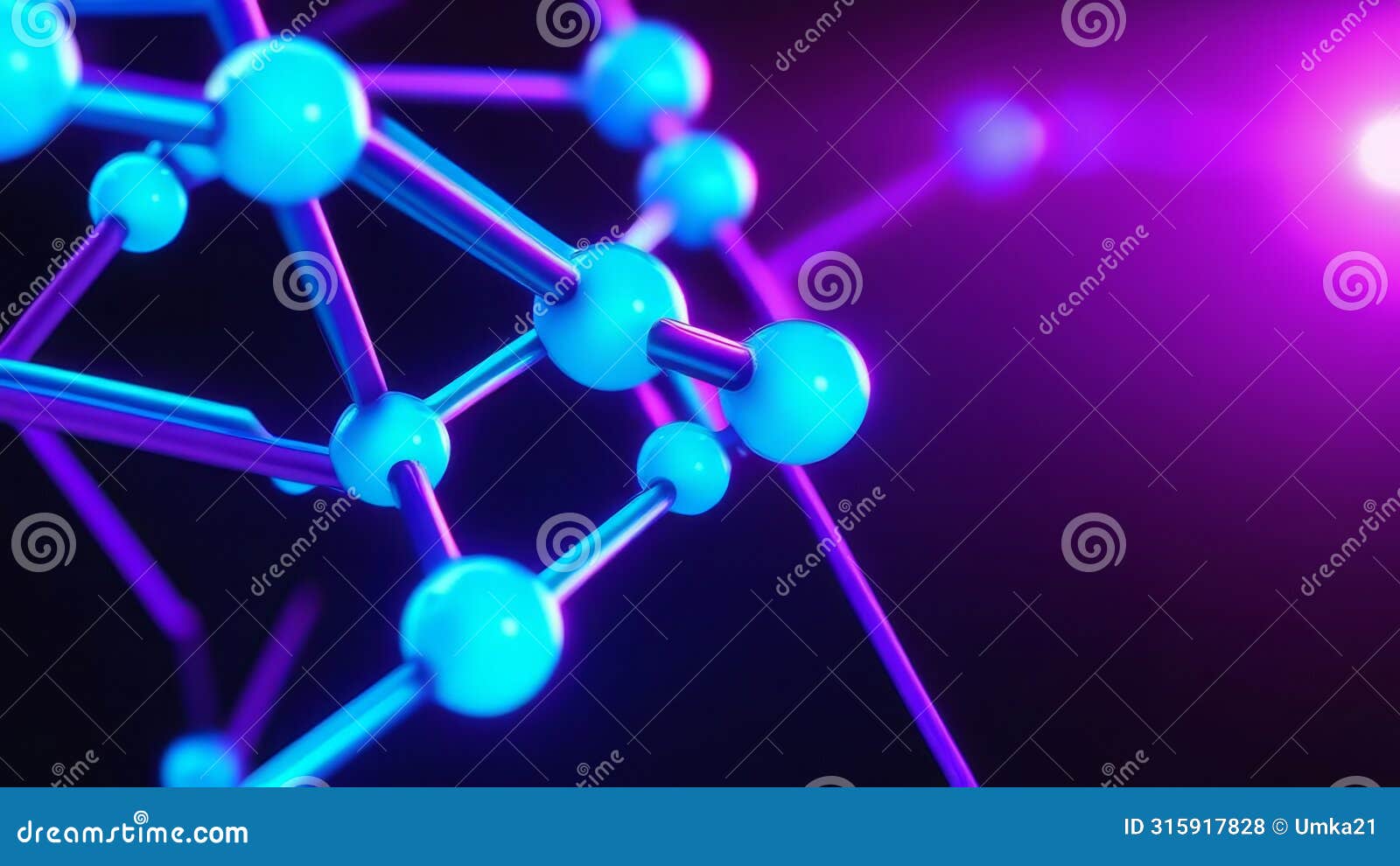 Macro of Chain of Light-blue Molecules in Neon Light, on a Dark ...