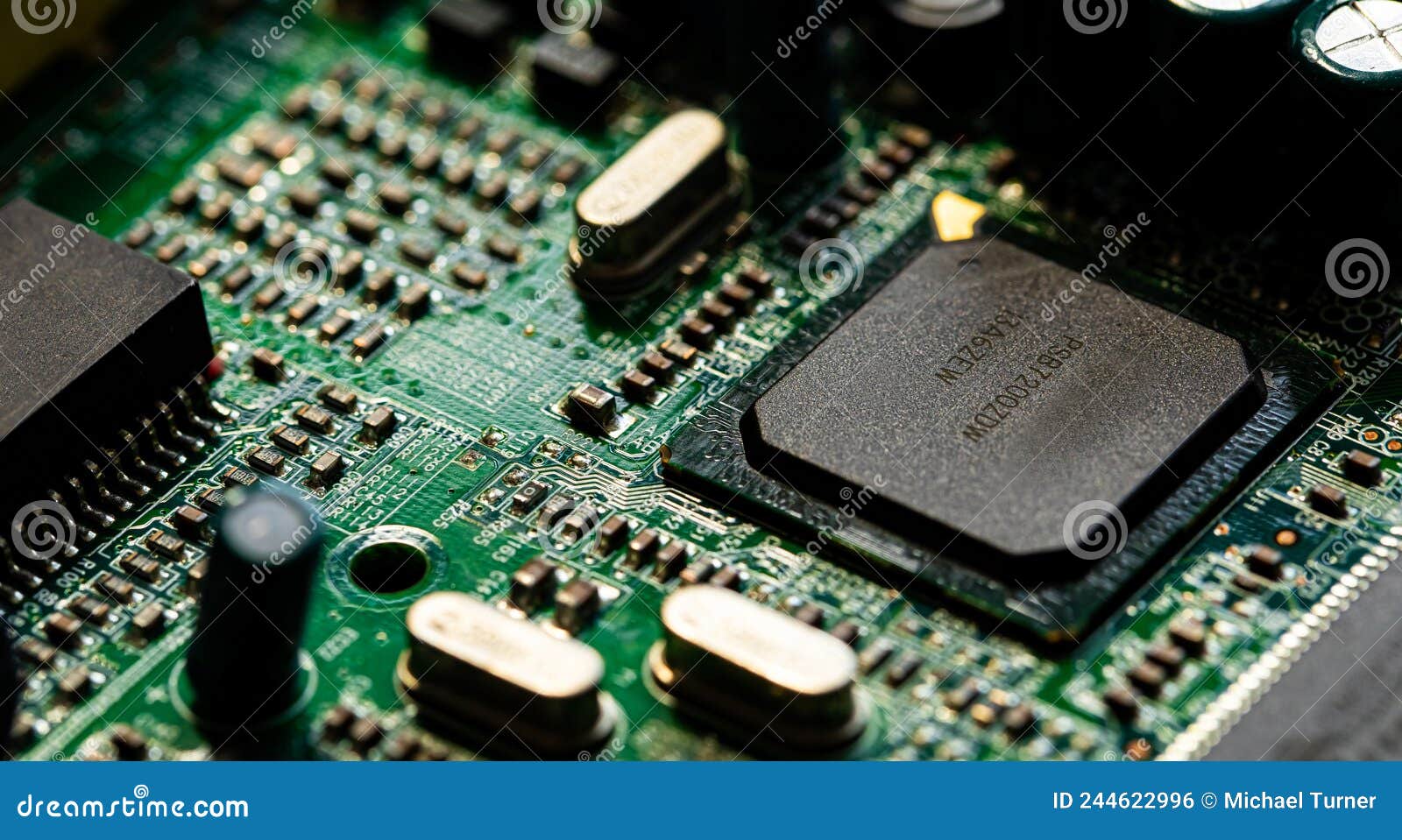 Macro Close Up of Components and Microchips on PC Circuit Board Stock ...