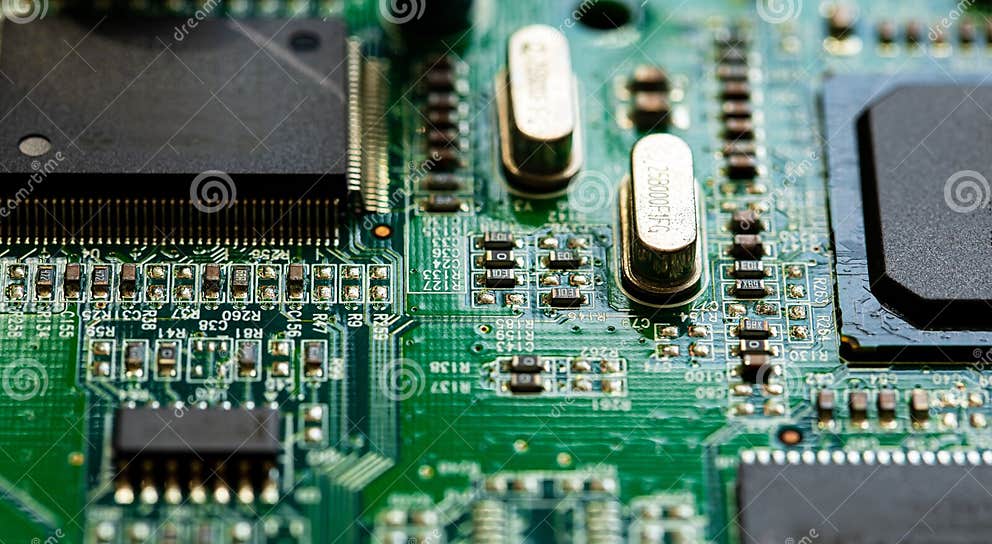 Macro Close Up of Components and Microchips on PC Circuit Board Stock ...