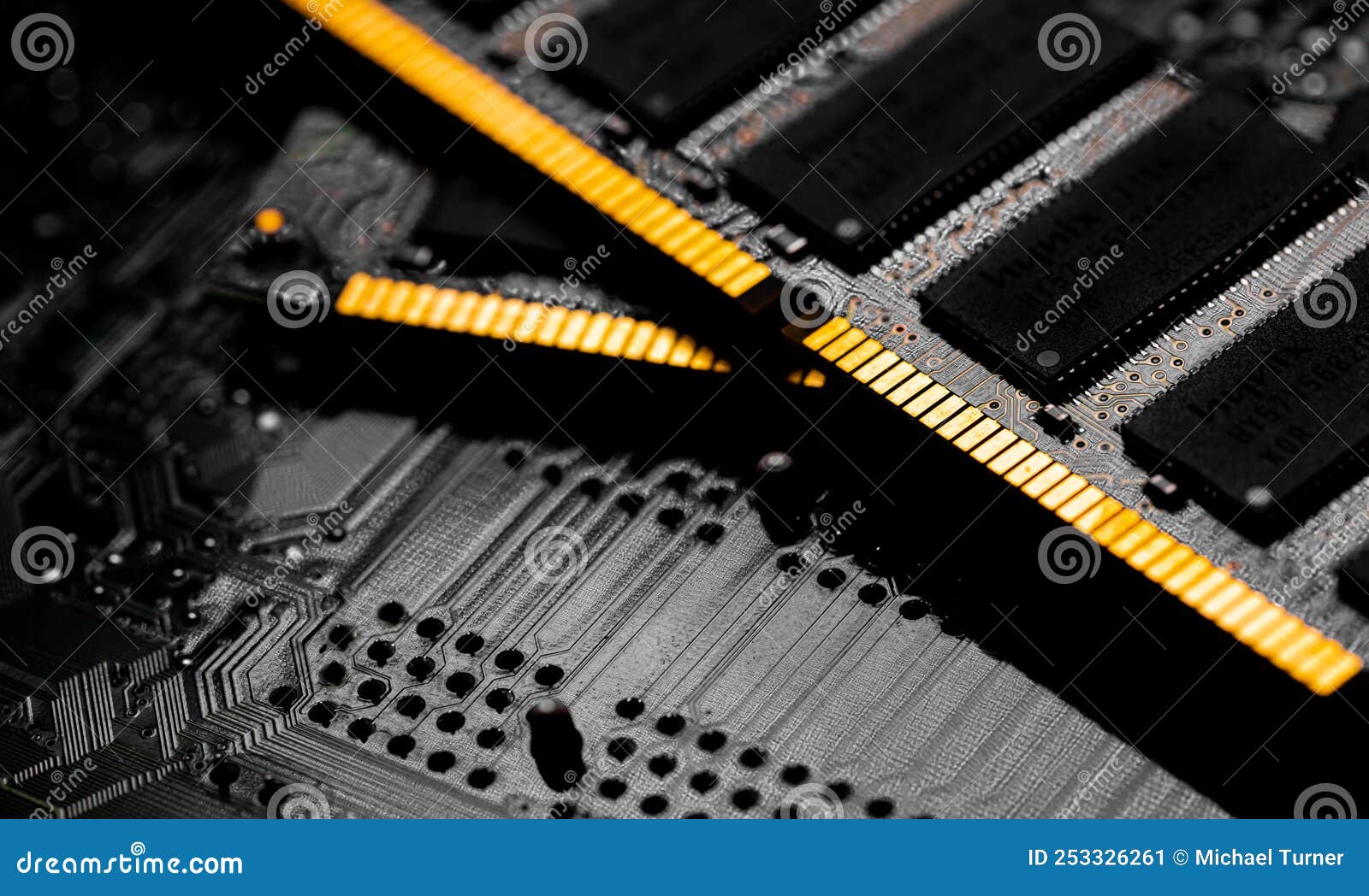 Macro Close Up of Computer RAM Chip and Motherboard Stock Image - Image ...
