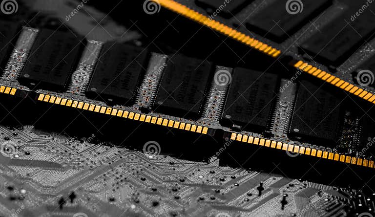 Macro Close Up of Computer RAM Chip and Motherboard Stock Image - Image ...