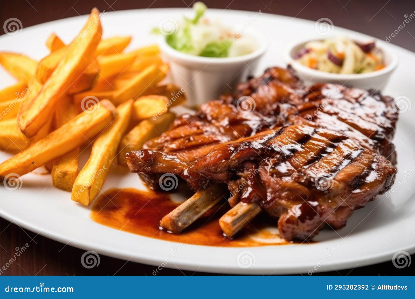 Macro Close-up of Glazed Bbq Ribs with Side Dishes on a Plate Stock ...