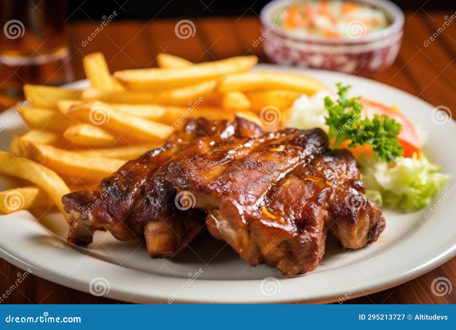 Macro Close-up of Glazed Bbq Ribs with Side Dishes on a Plate Stock ...