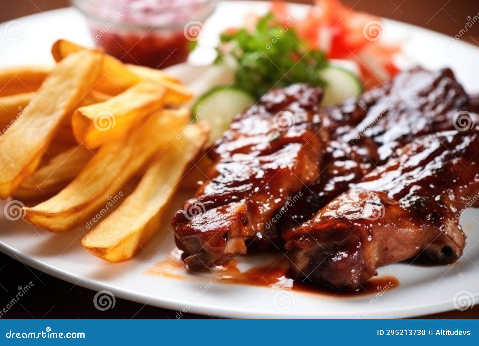 Macro Close-up of Glazed Bbq Ribs with Side Dishes on a Plate Stock ...