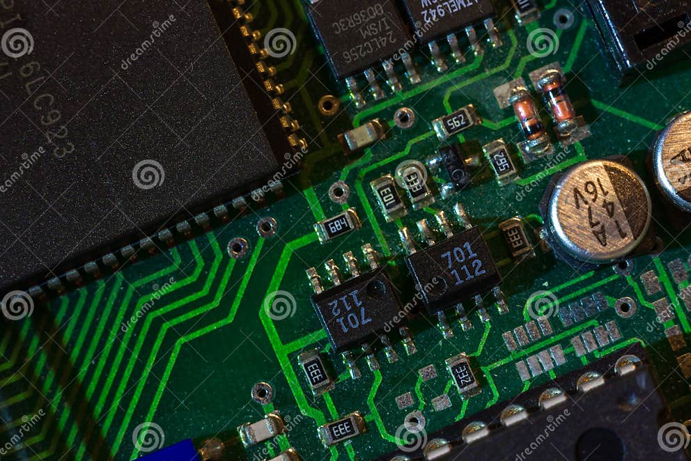 Macro Close-up Shot of Green Circuit Board, Computer Motherboard ...