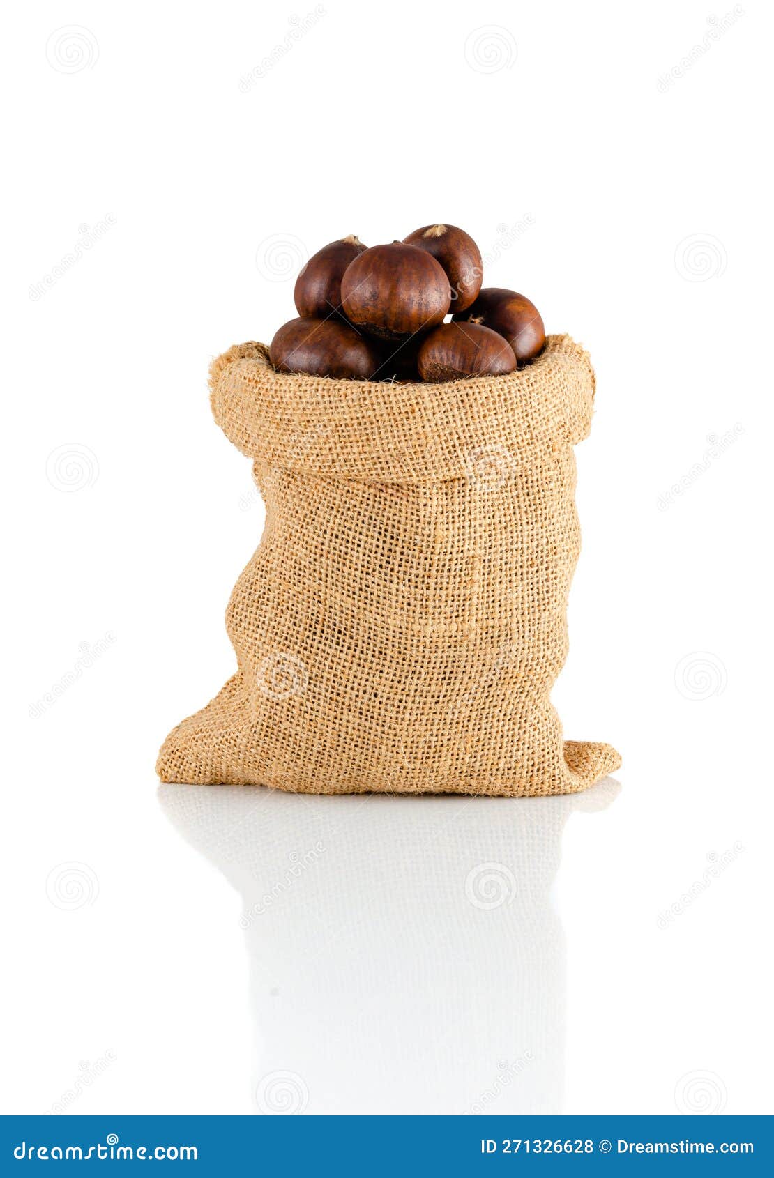 Macro or Close-up Side View of Chestnut in a Burlap Sack and Reflection ...
