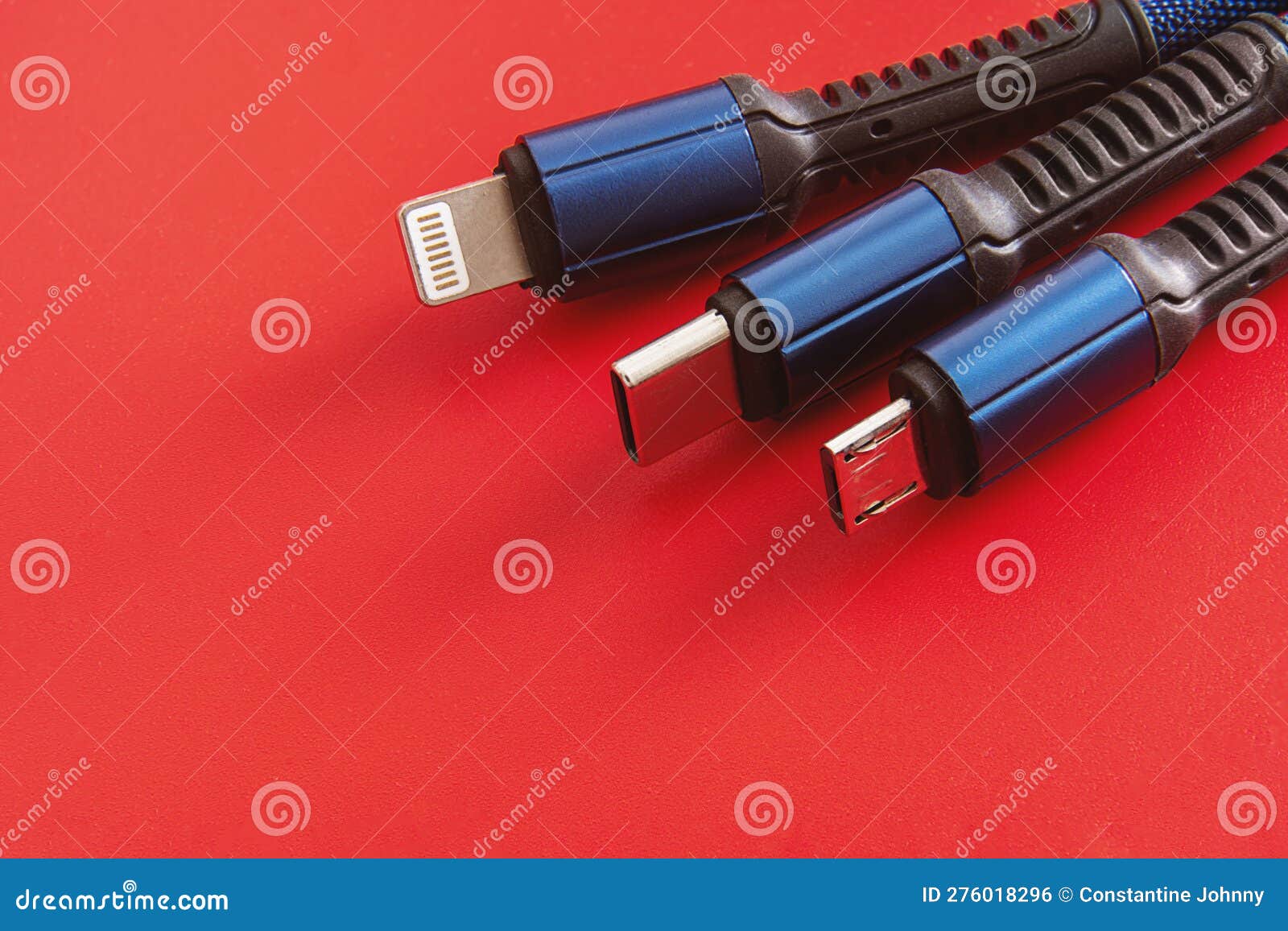 Macro Close-Up of USB-C, Lightning, and Micro USB with Black and Blue ...