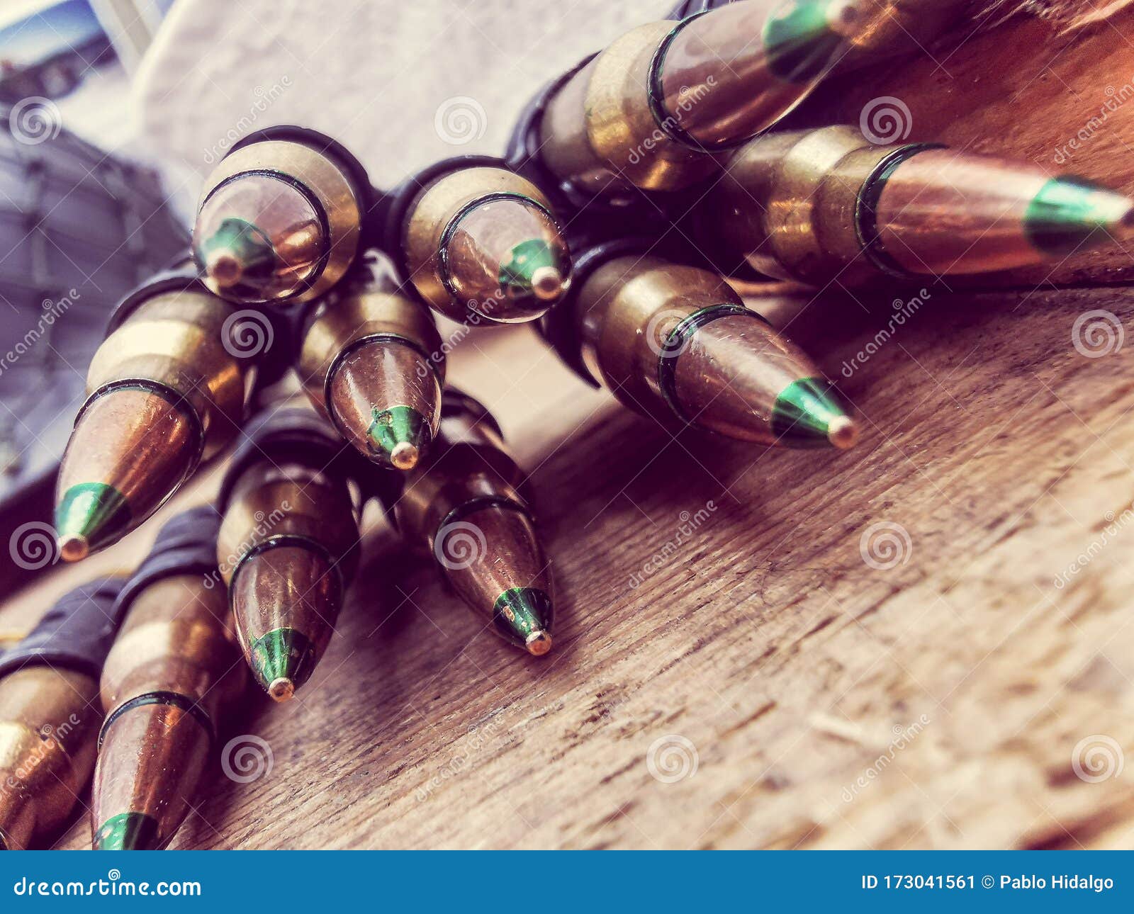 A Macro Close Up View of a Row of Regular Army Brass and Copper Bullets ...