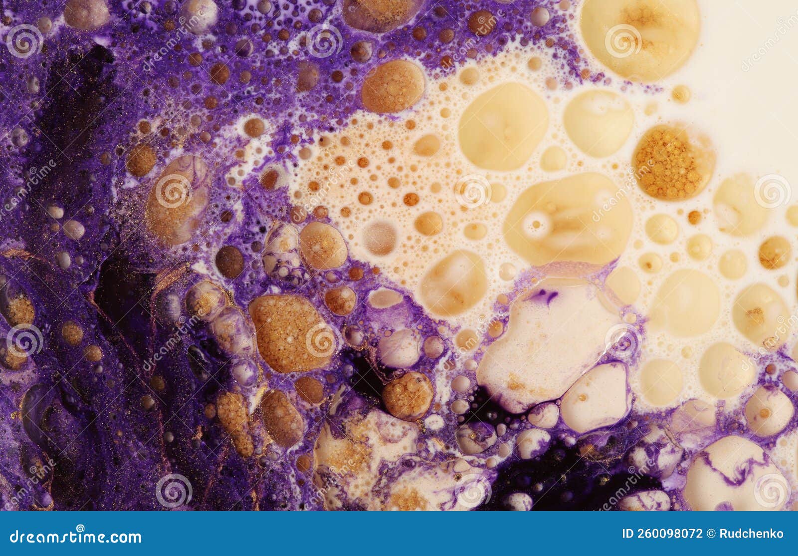Macro Gold and Violet Bubble Drops. Abstract Flow Color Blots ...
