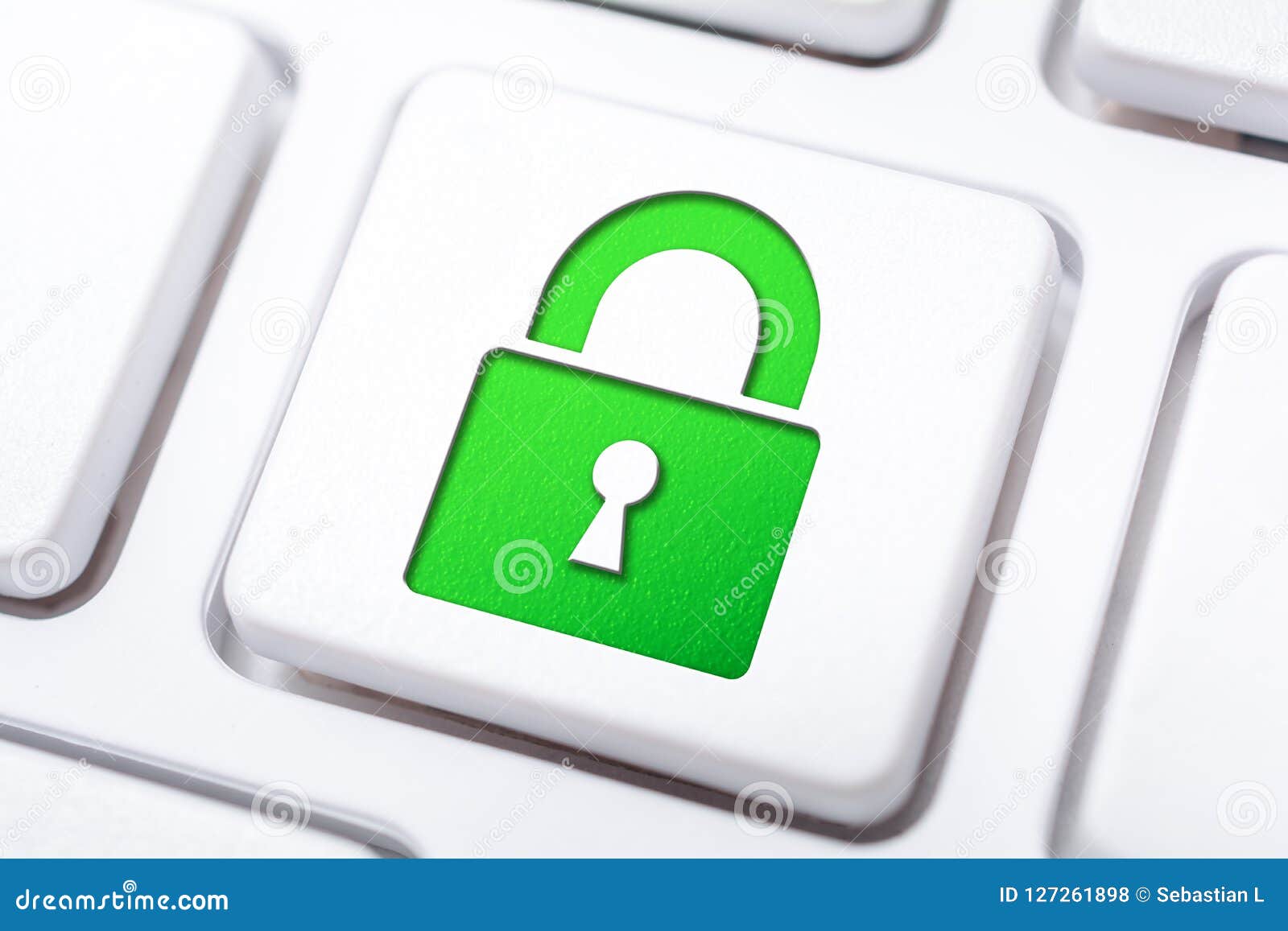 Macro of a Green Lock Security Icon on a Keyboard Button Stock Photo ...