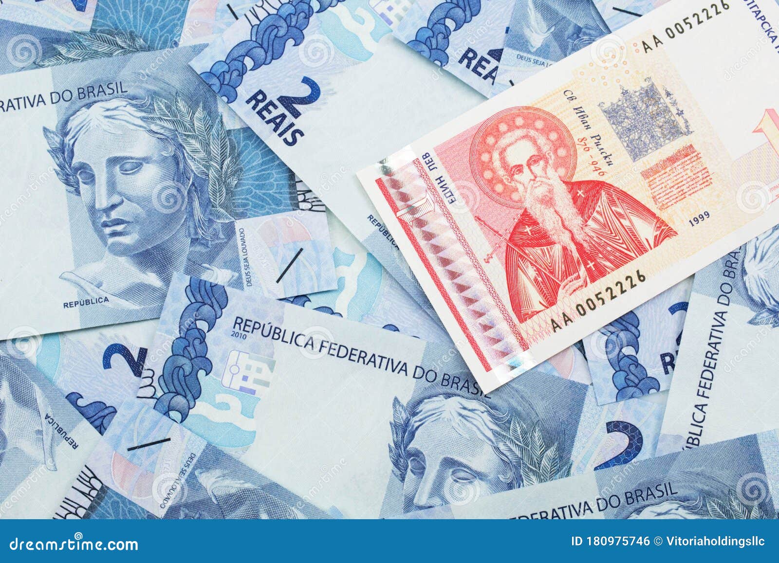 A Bulgarian One Lev Bank Note with Brazilian Two Reais Bank Notes Stock ...