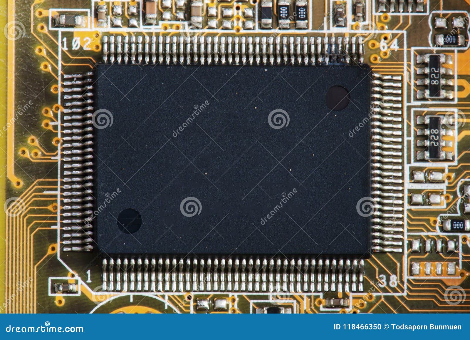 Macro Microchip in Yellow Circuit Board Abstract Background Stock Photo ...