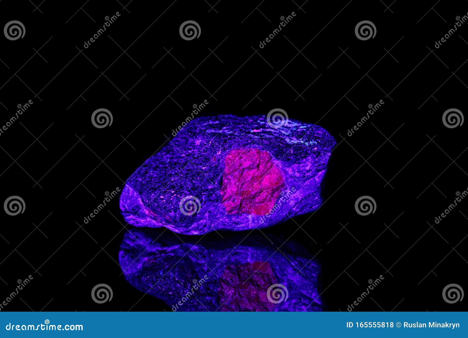 Macro Mineral Stone Ruby Under Ultraviolet Light on a Black Background ...