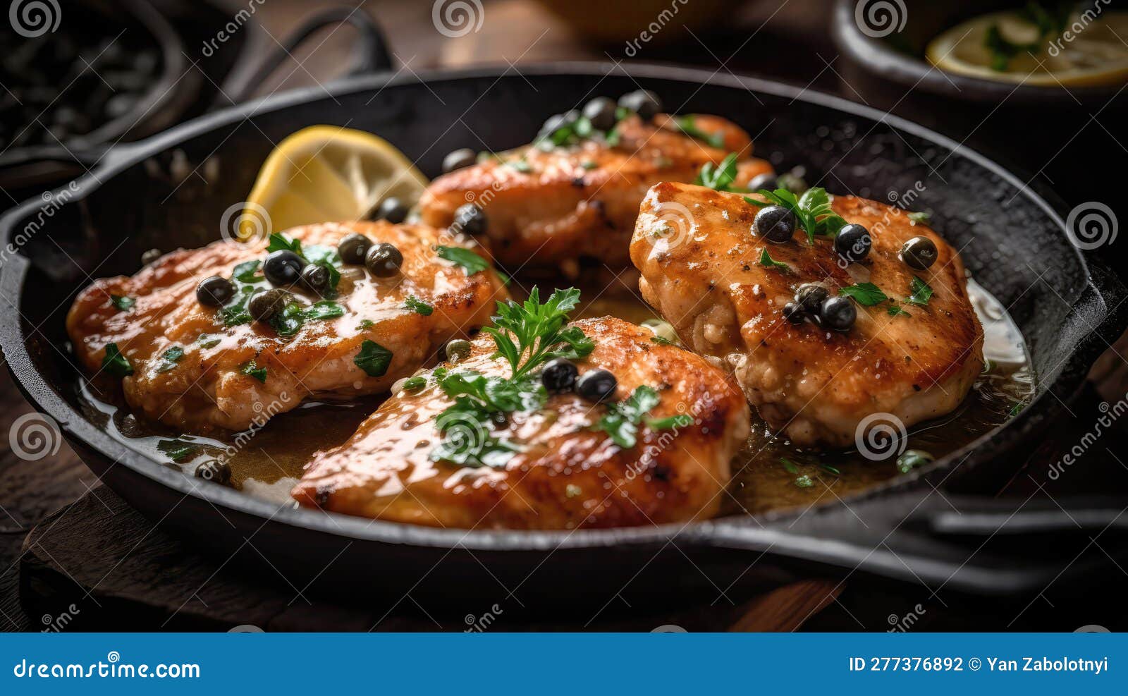 Macro Photo Chicken Piccata on Stone Rustic Pub. Generative AI Stock ...