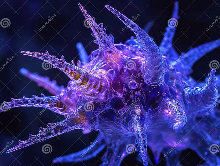 Macro Photo of a Complex Virus Structure with Spikes, Illuminated in ...