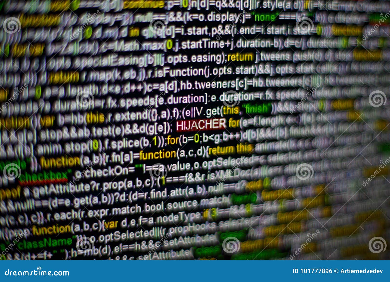 Macro Photo of Computer Screen with Program Source Code and Highlighted HIJACKER Inscription in ...