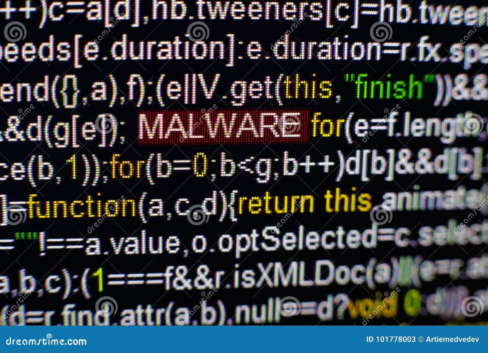 Macro Photo Of Computer Screen With Program Source Code And Highlighted Malware Inscription In