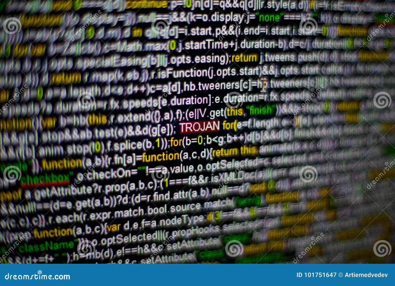 Macro Photo Of Computer Screen With Program Source Code And Highlighted Trojan Inscription In
