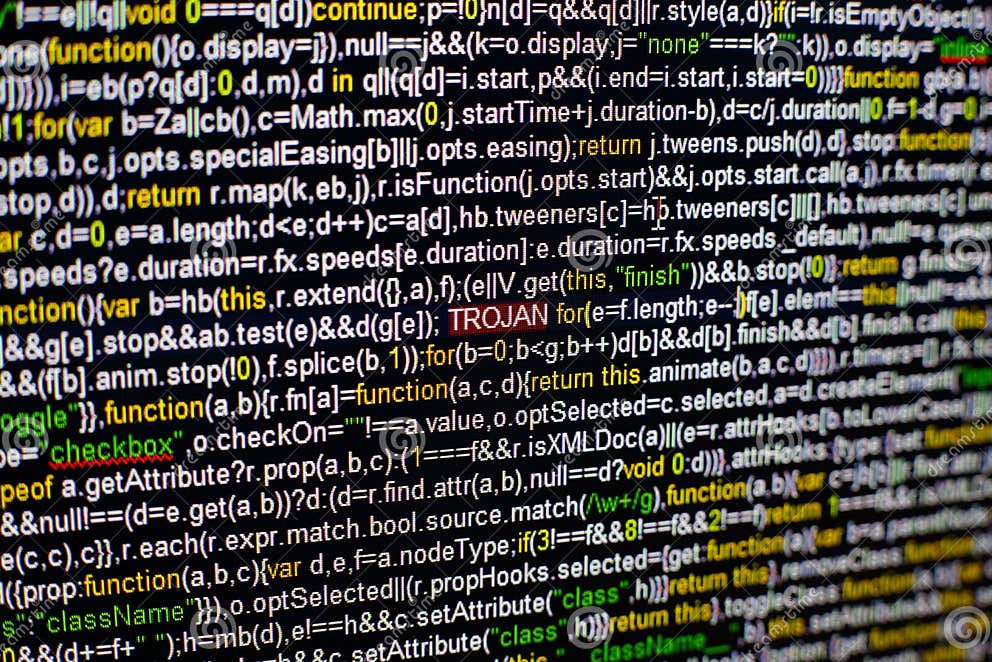 Macro Photo of Computer Screen with Program Source Code and Highlighted TROJAN Inscription in ...