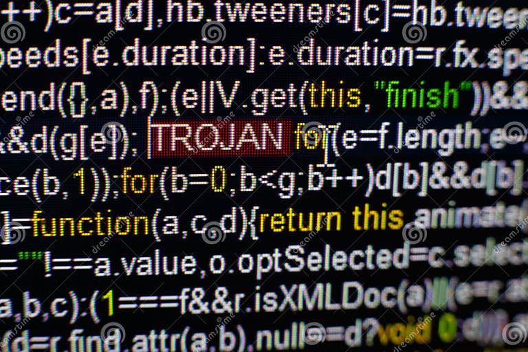 Macro Photo Of Computer Screen With Program Source Code And Highlighted Trojan Inscription In
