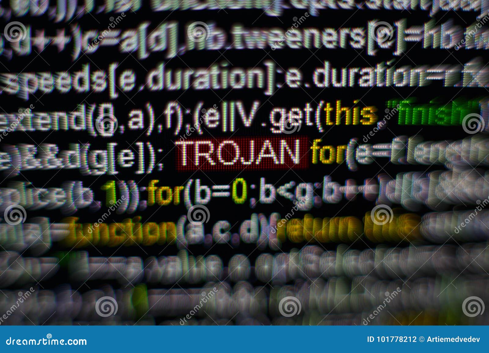 Macro Photo Of Computer Screen With Program Source Code And Highlighted Trojan Inscription In