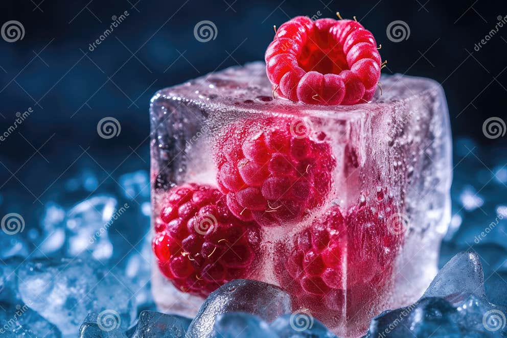 Macro Photo One Raspberry in an Ice Cube. Generative AI Stock ...