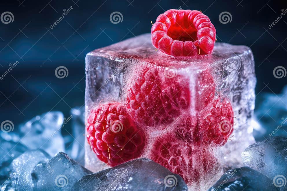 Macro Photo One Raspberry in an Ice Cube. Generative AI Stock ...