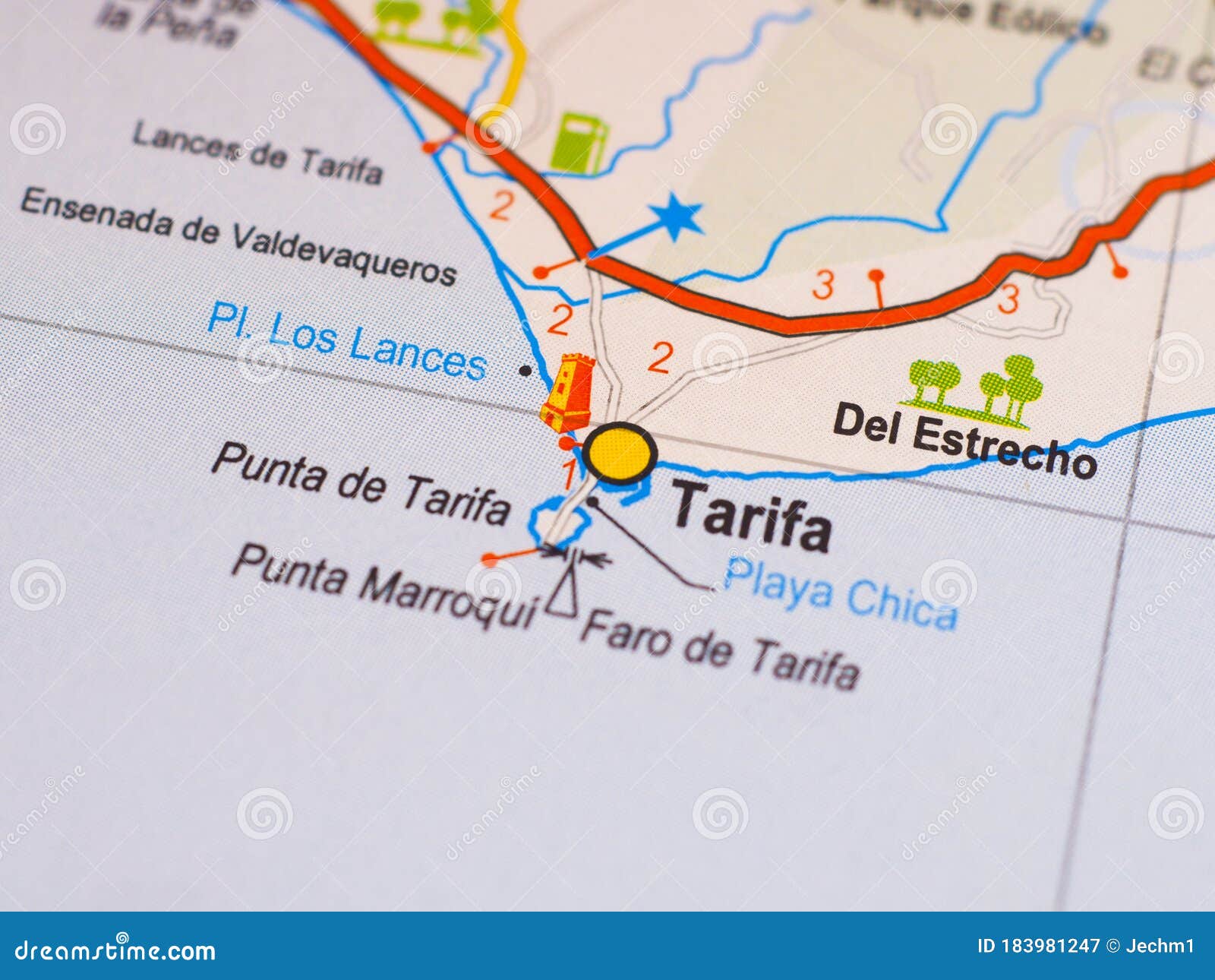 Macro Picture Of The Location On The Map Of The City Of Tarifa In Spain ...