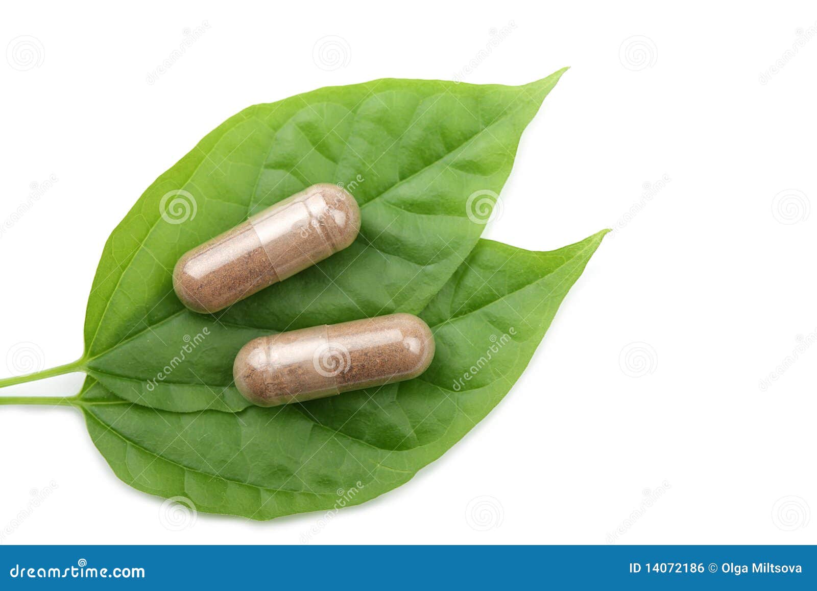 Macro of Pills Over Green Leaf Isolated Stock Photo - Image of herbal ...