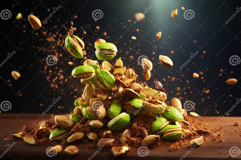 Macro Pistachio Nuts Falling in Dynamic Explosion for Snack Package or ...