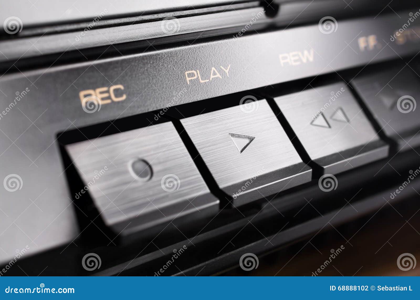 Macro of a Rectangular Play Button of an Old Hifi Stereo Audio System ...