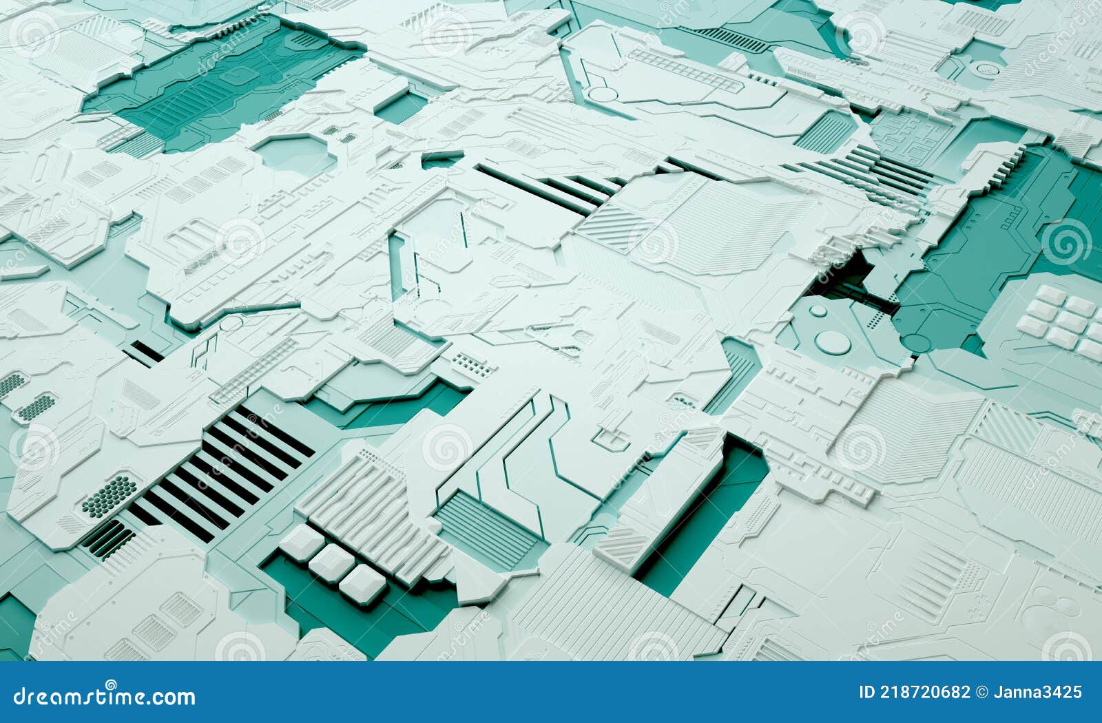 Macro Rendering Of A Futuristic Electronic Printed Circuit Board With Microchips And Processors