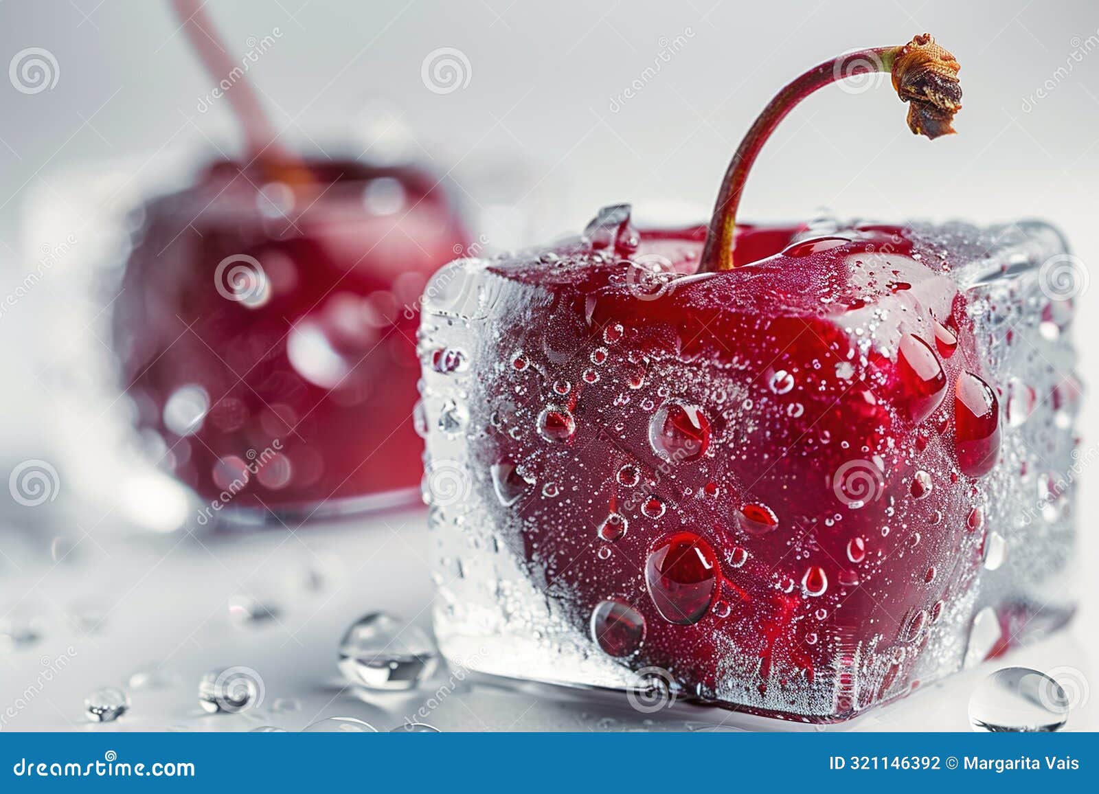 Macro Ripe Red Berry Cherry Frozen in an Ice Cube on White Background ...