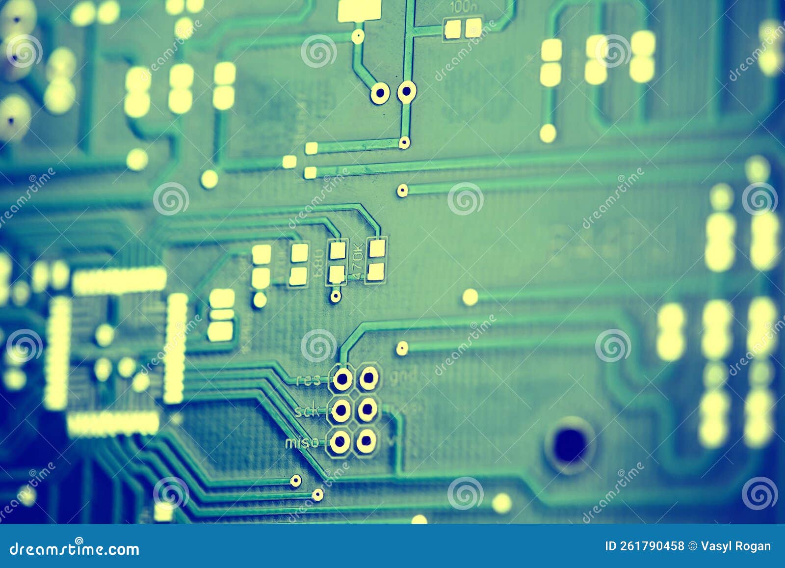 Macro Shot of the Back Side of a Circuit Board. Close Up of the Blue ...