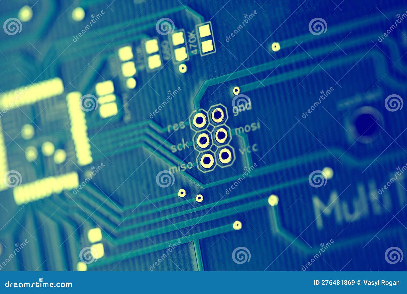 Macro Shot of the Back Side of a Circuit Board. Close Up of the Blue ...