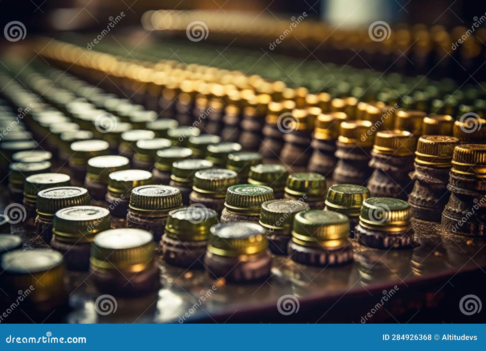 Macro Shot of Beer Bottle Caps on Assembly Line Stock Photo - Image of ...