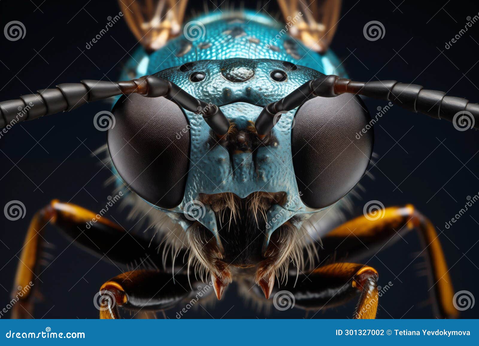 Macro Shot of a Blue Insect, Isolated on Black Background. Front View ...