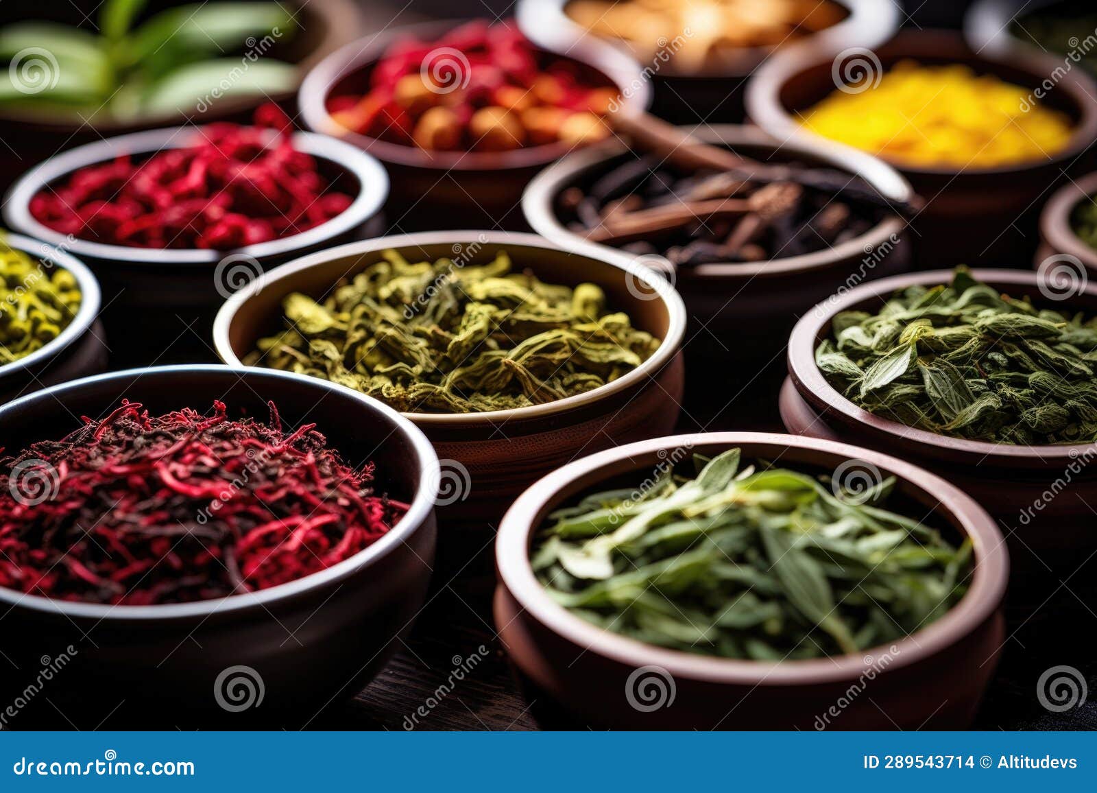 Macro Shot of Different Tea Varieties in Bowls Stock Photo - Image of ...