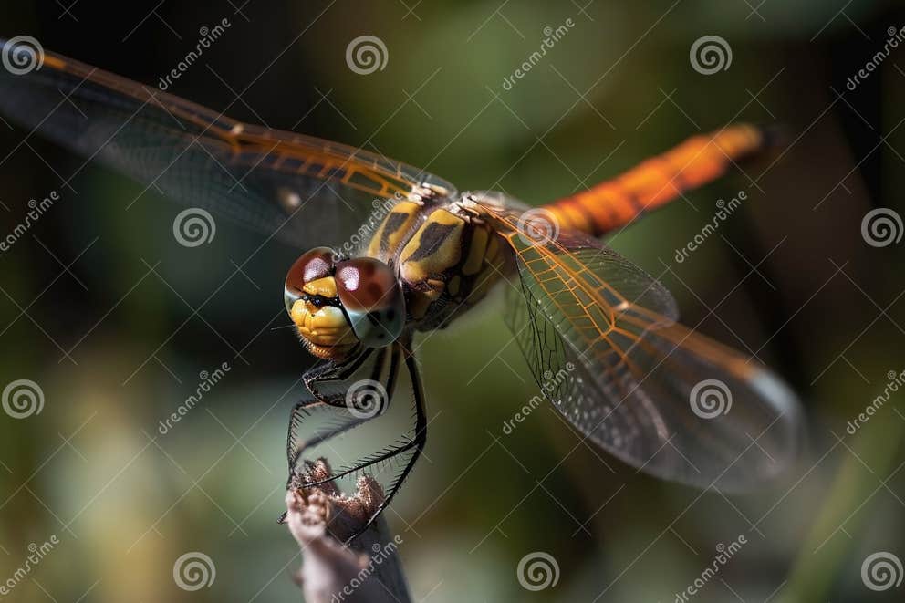 Macro Shot of Dragonfly in Flight, Its Wings Buzzing Stock Illustration ...