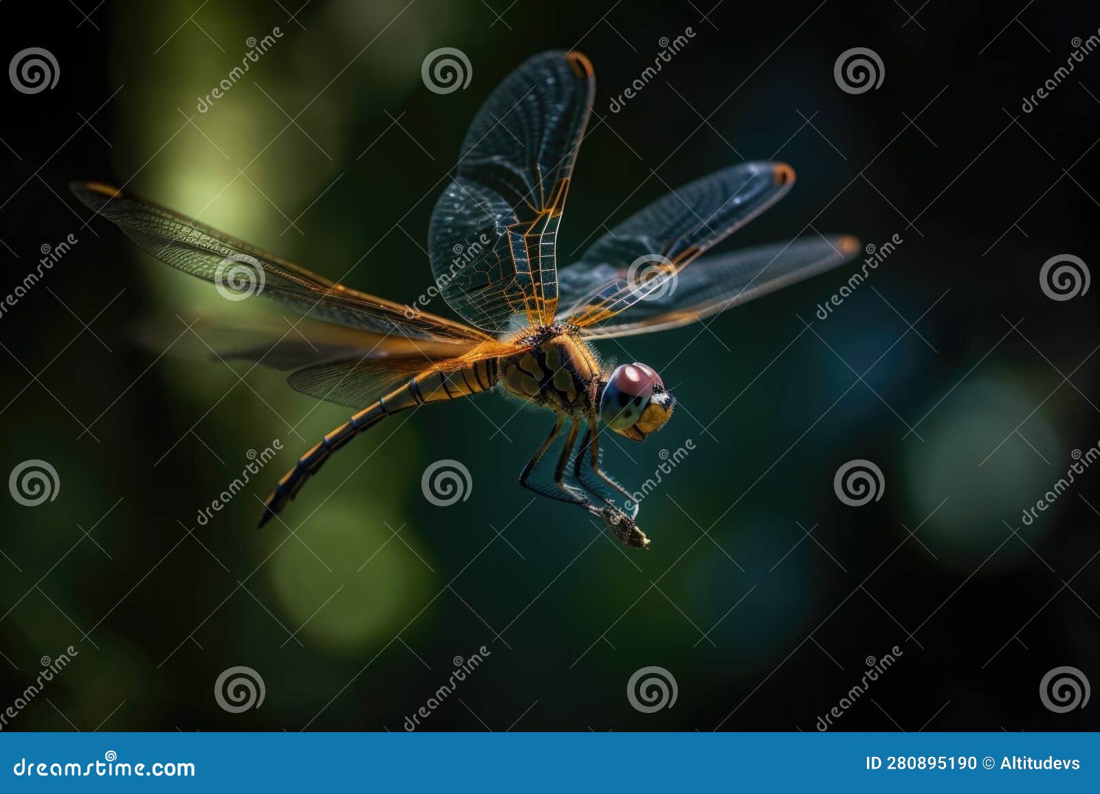 Macro Shot of Dragonfly in Flight, Its Wings Buzzing Stock Illustration ...